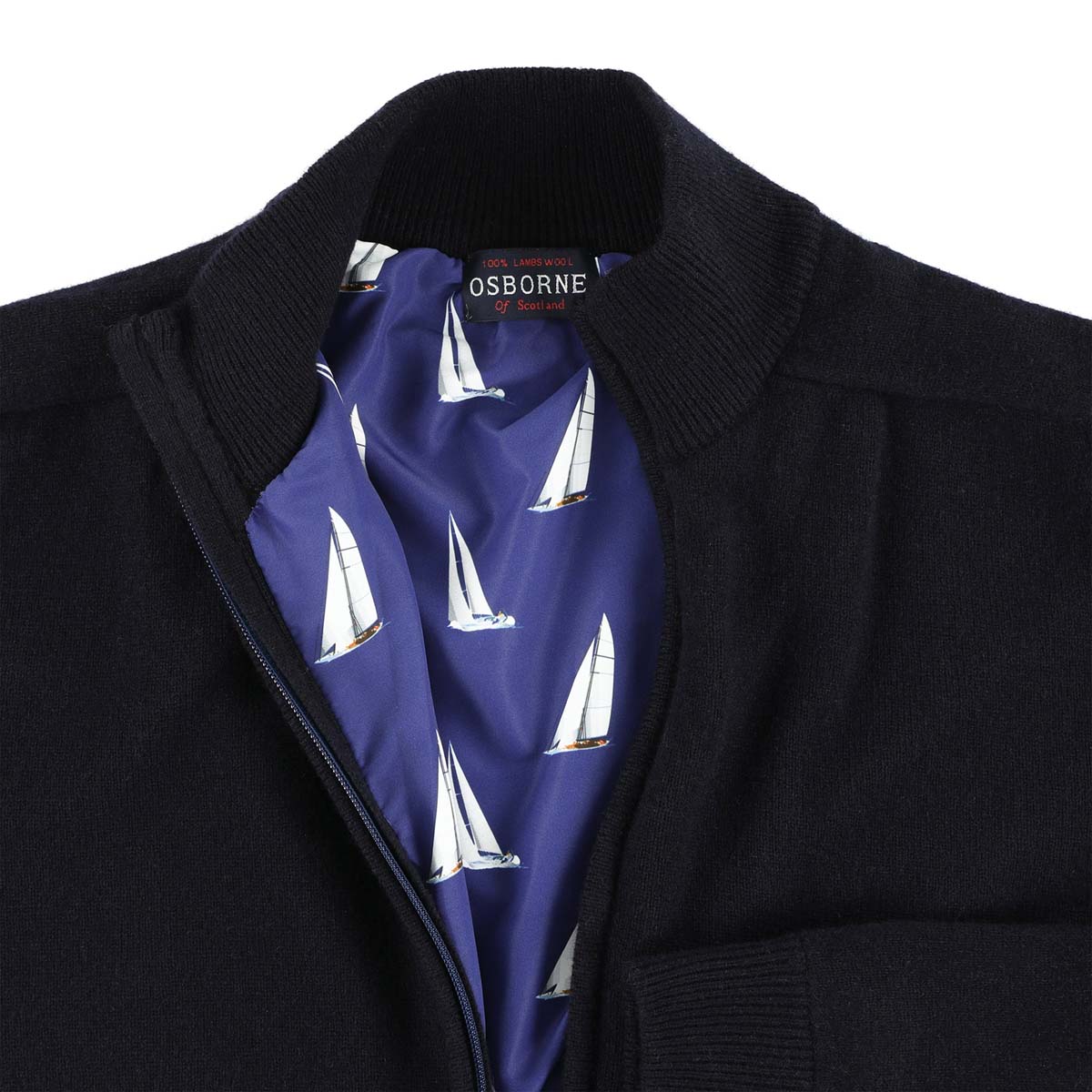 Lambswool windstopper zipped cardigan - Navy - Boat lining – Osborne ...