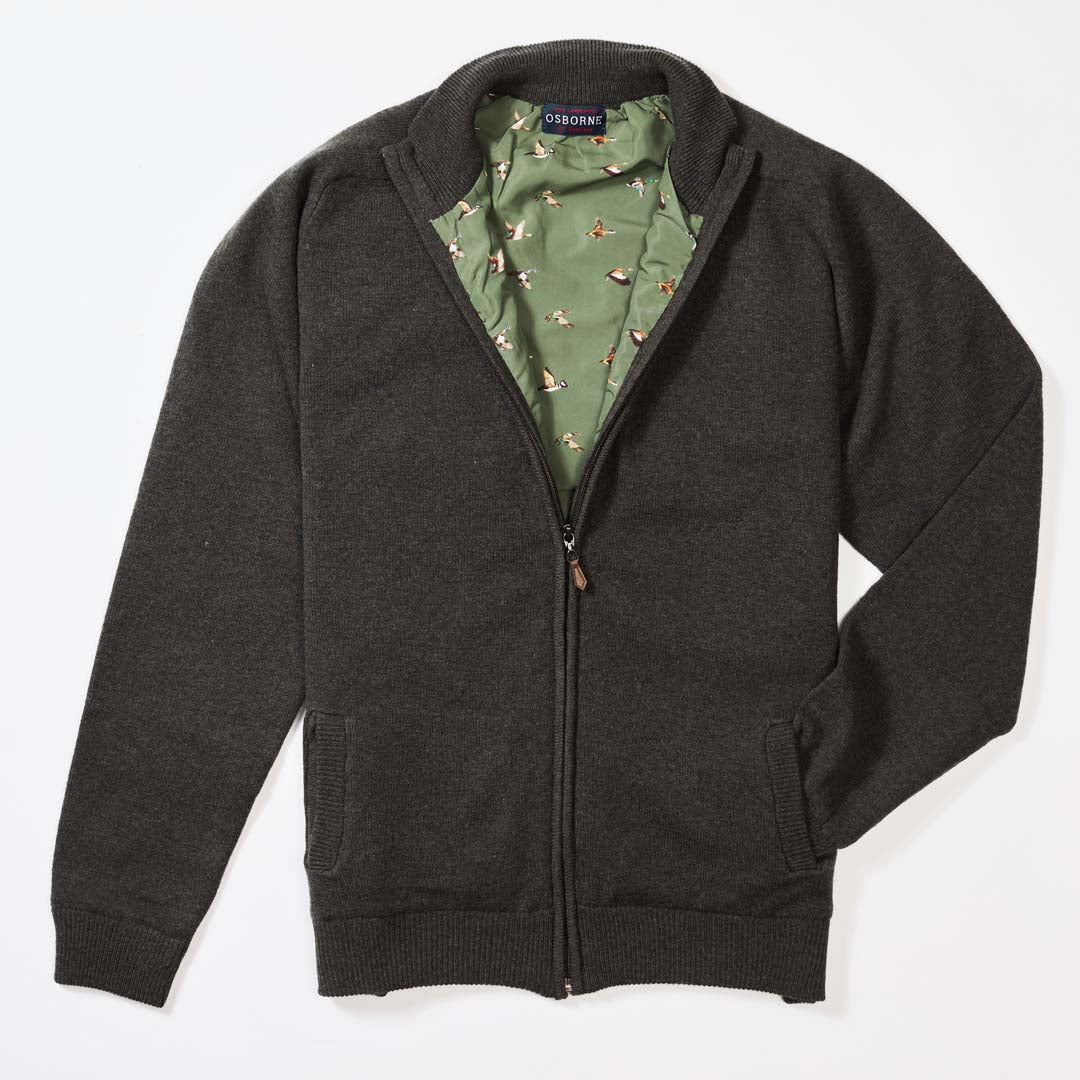 Lambswool windstopper zipped cardigan - Seaweed - Duck lining – Osborne ...