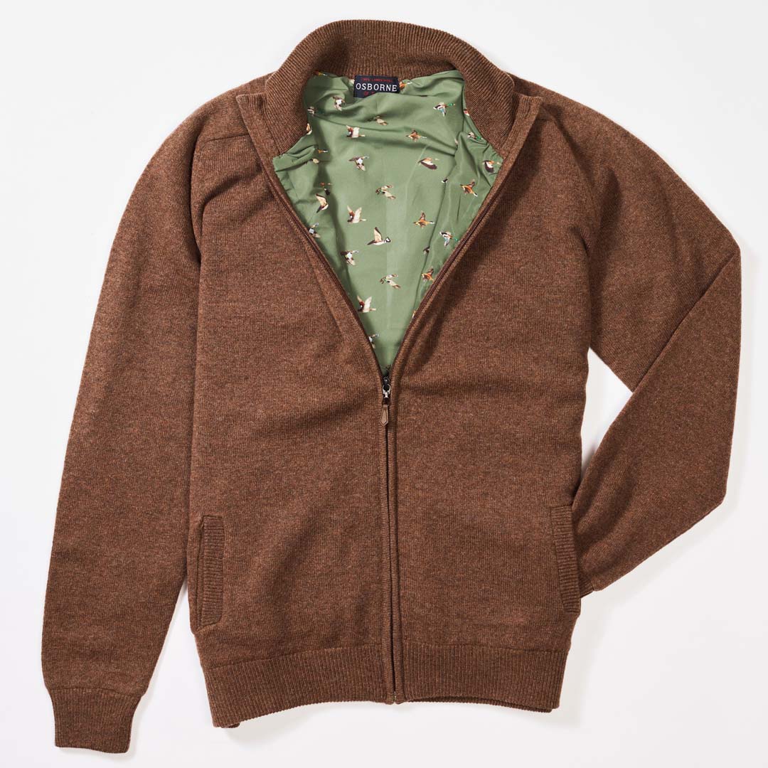 Lambswool windstopper zipped cardigan - Tobacco - Duck lining – Osborne ...