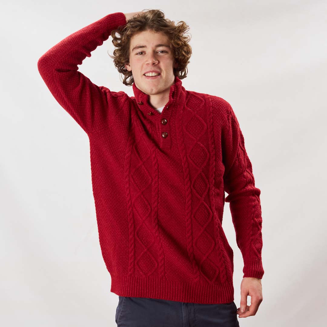 Lambswool large cable butonned mock neck - Poppy Melange – Osborne Knitwear